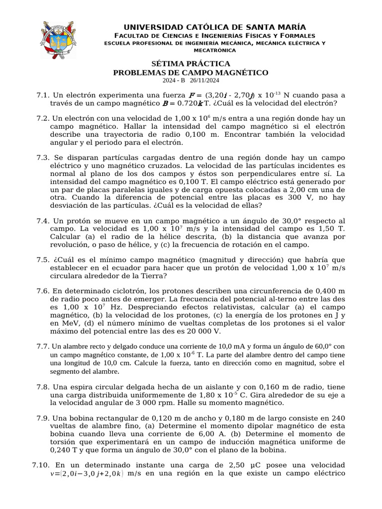 Práctica 7 - Problemas de Campo magnético | PDF | Campo magnético | Velocidad