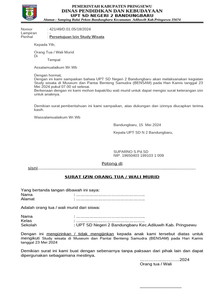 Surat izin Mengikuti Study TOUR | PDF