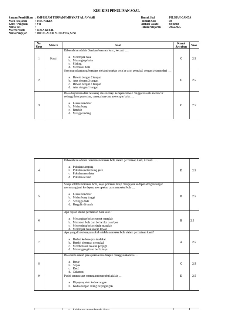 KISI SAS PJOK 7 | PDF