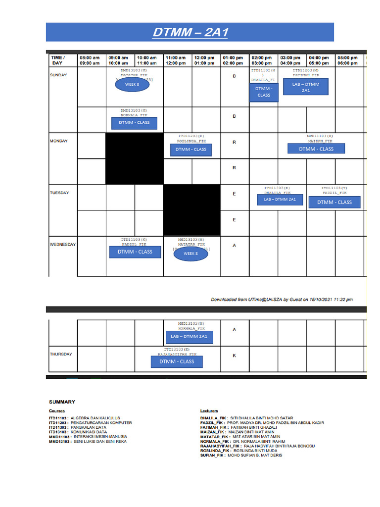 Jadual Kuliah DTMM - 2a1 | PDF