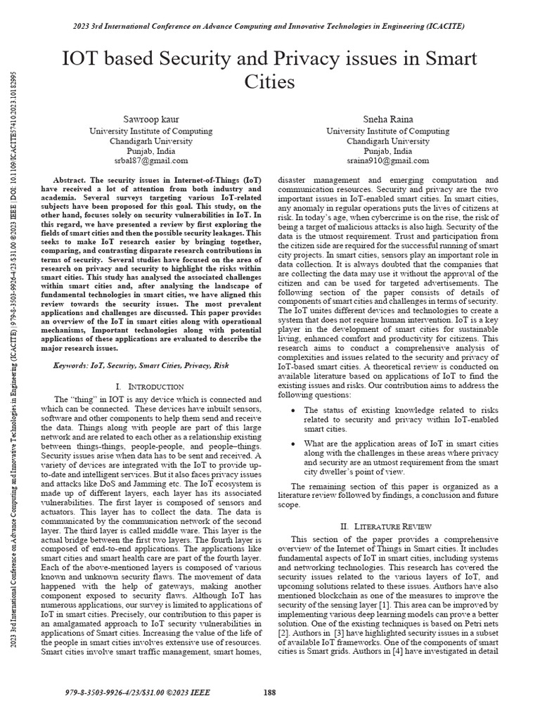 IOT Based Security and Privacy Issues in Smart Cities | PDF | Internet ...