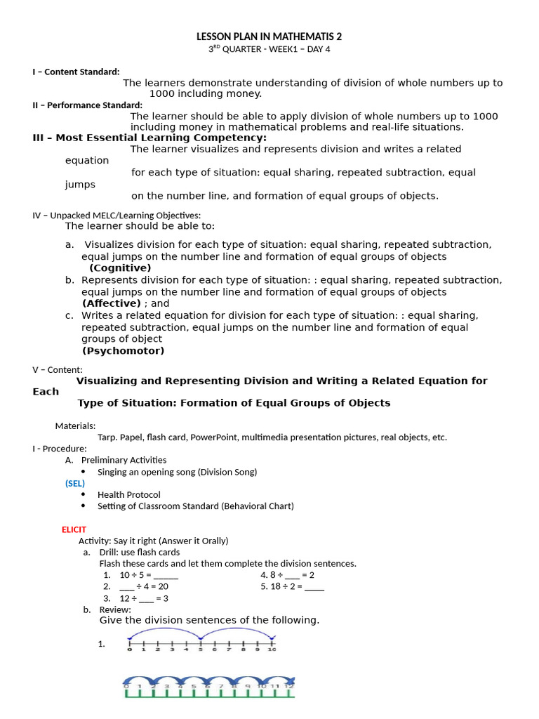 Lesson Plan in Math 3rd QRTR Wek1 Day 4 | PDF | Learning | Division ...