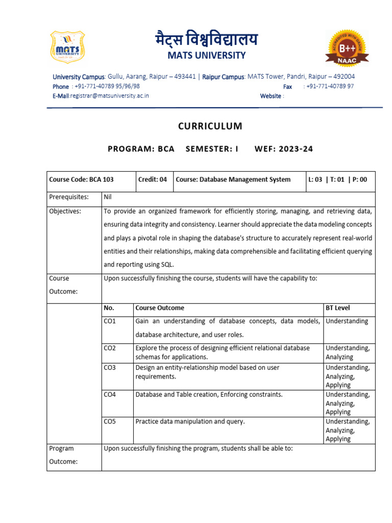 BCA103 Database Management System | PDF | Databases | Relational Database