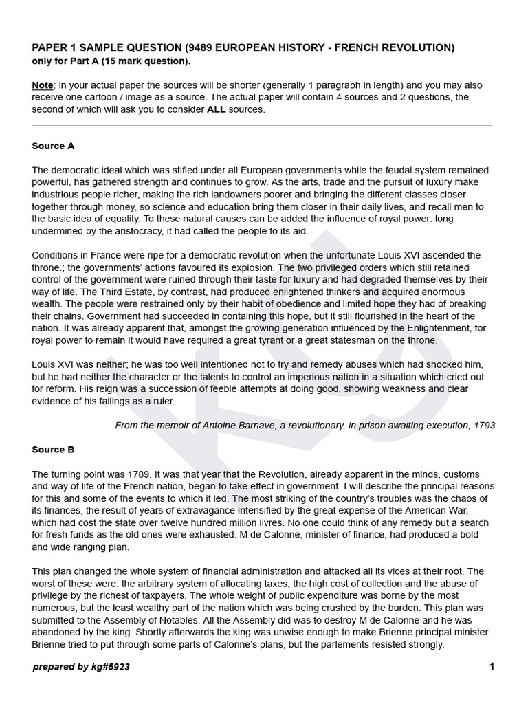 French Revolution Source Paper Sample | PDF | French Revolution
