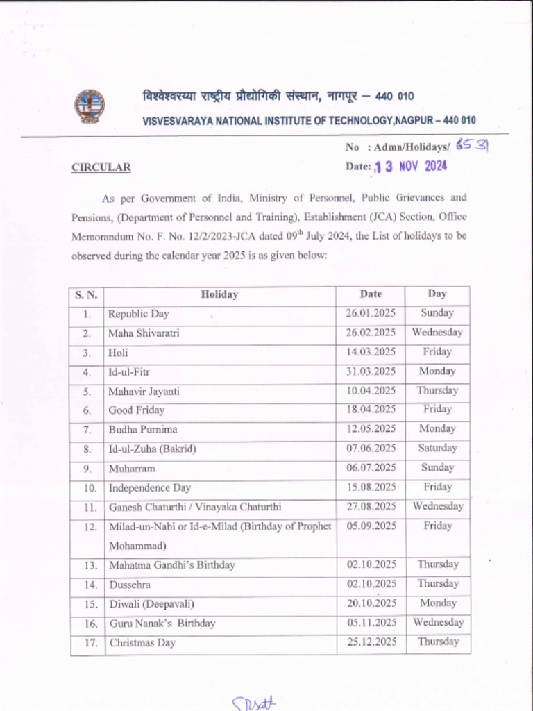 Circular 6531 Holiday 2025 | PDF