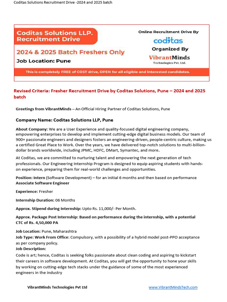 Coditas Recruitment Drive For Software Developer - 2024 & 2025 ...