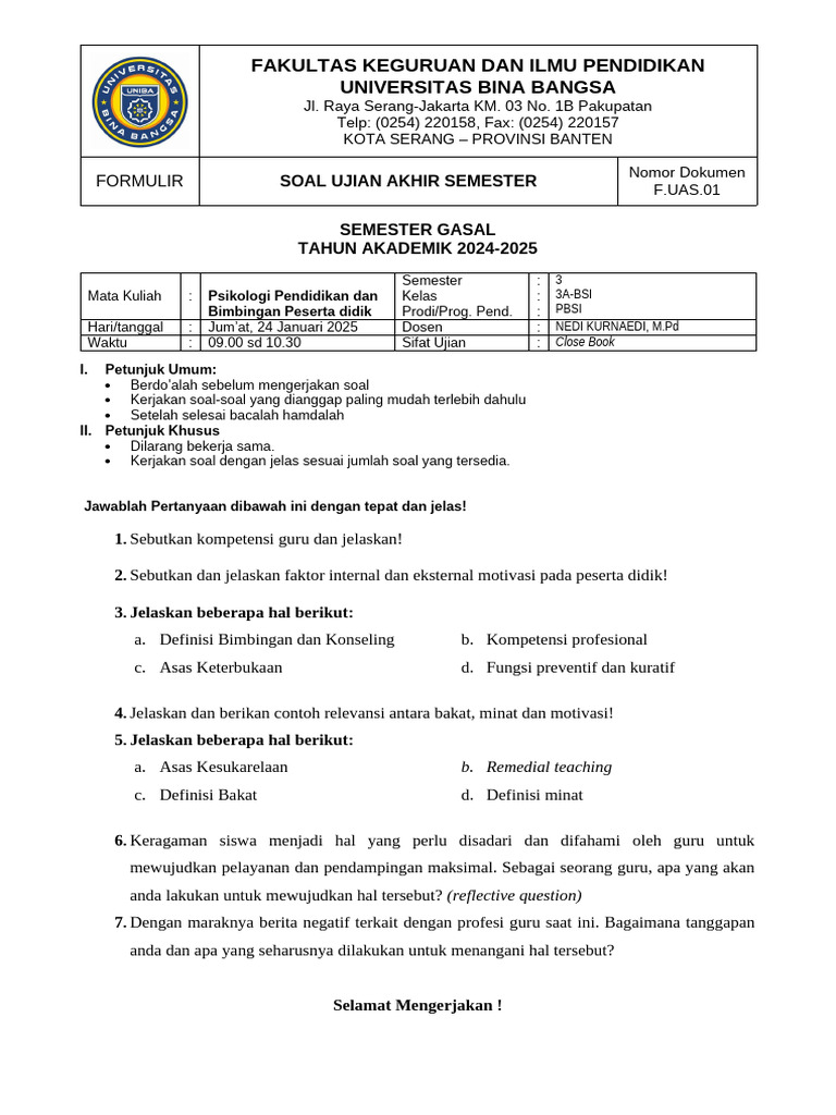 Soal UAS Psikologi Pendidikan Dan Bimbingan Peserta Didik (3A-PBSI) | PDF