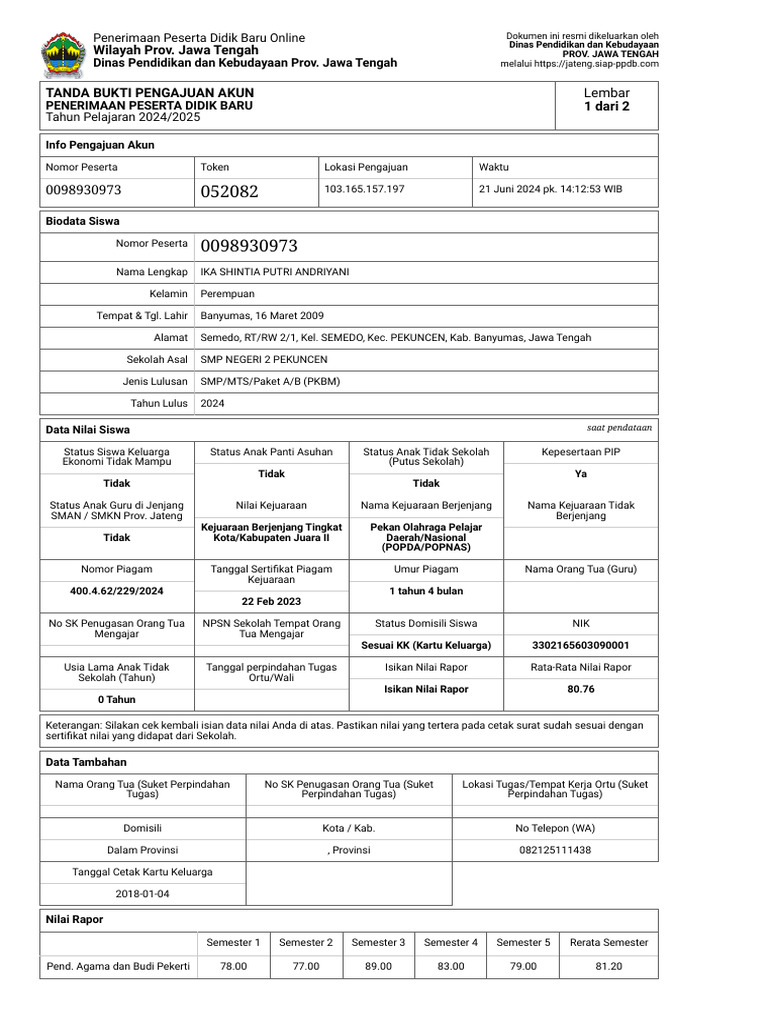 Tanda Bukti Pengajuan Akun_ 0098930973 _ IKA SHINTIA PUTRI ANDRIYANI | PDF