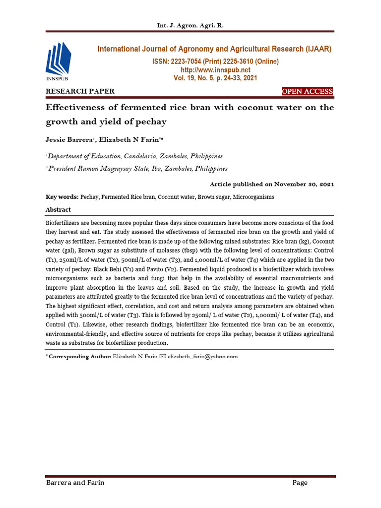 Fermented Rice Bran for Pechay Growth | PDF | Analysis Of Variance | Rice