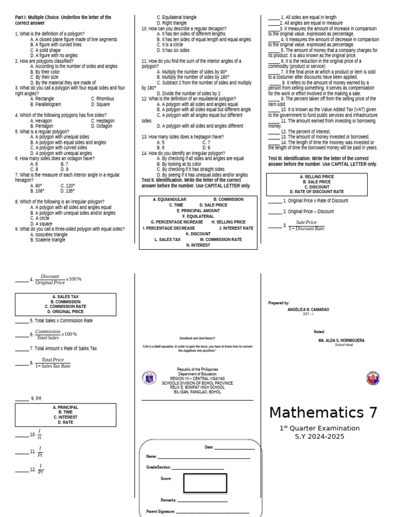 Math 7 - 1ST Quarter Exam | PDF | Triangle | Polygon