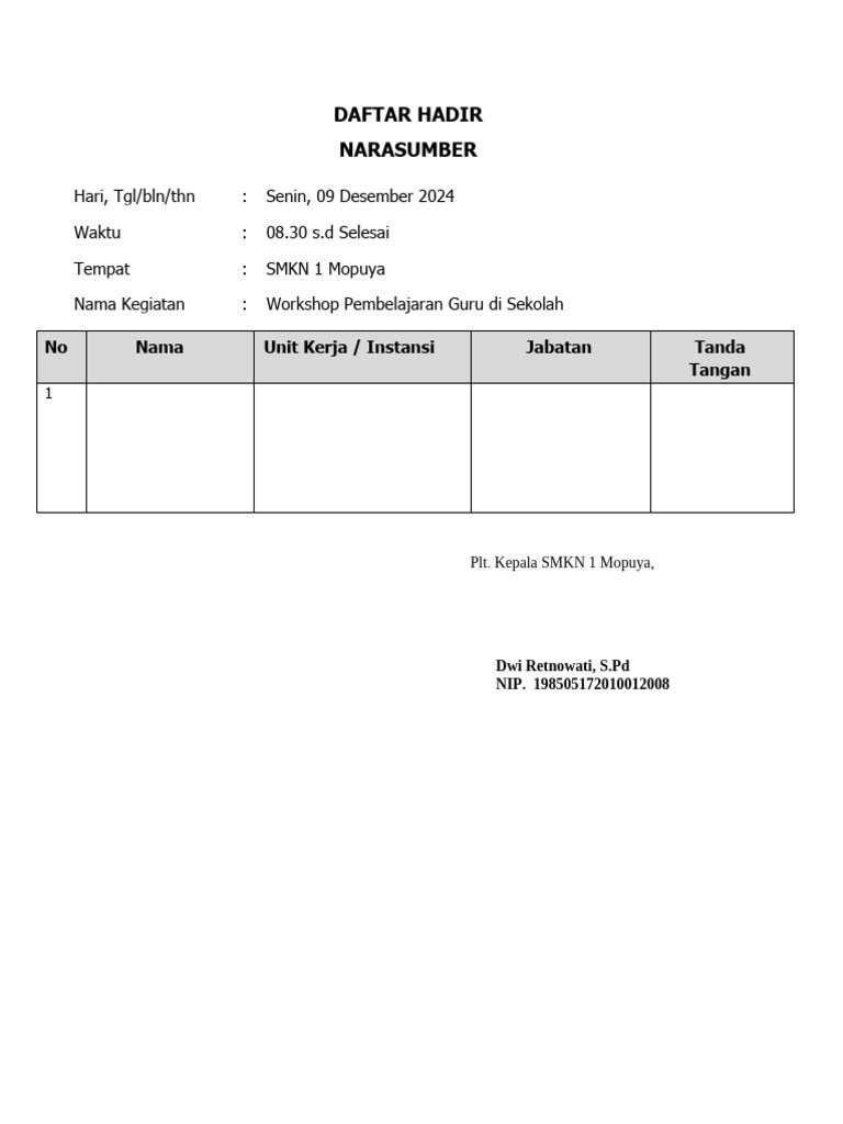 Daftar Hadir Narasumber Workshop | PDF