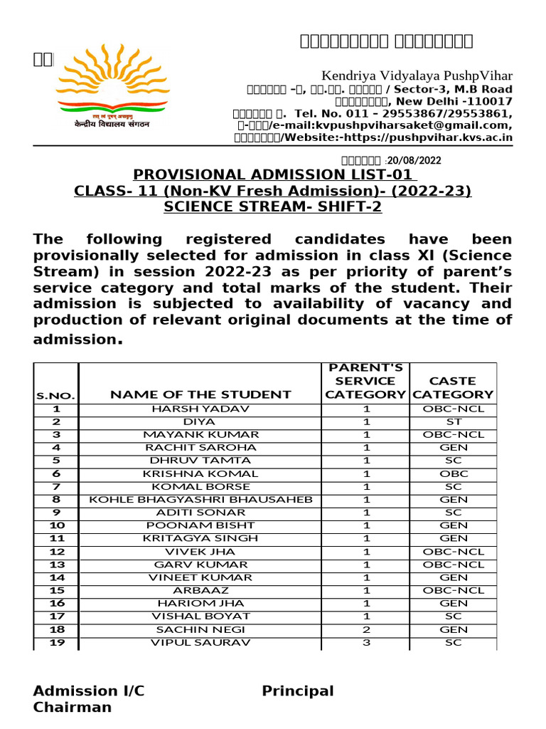 Class 11 (2022-23) Fresh Non KV Provisional Selection List-1 | PDF | Government Of India ...