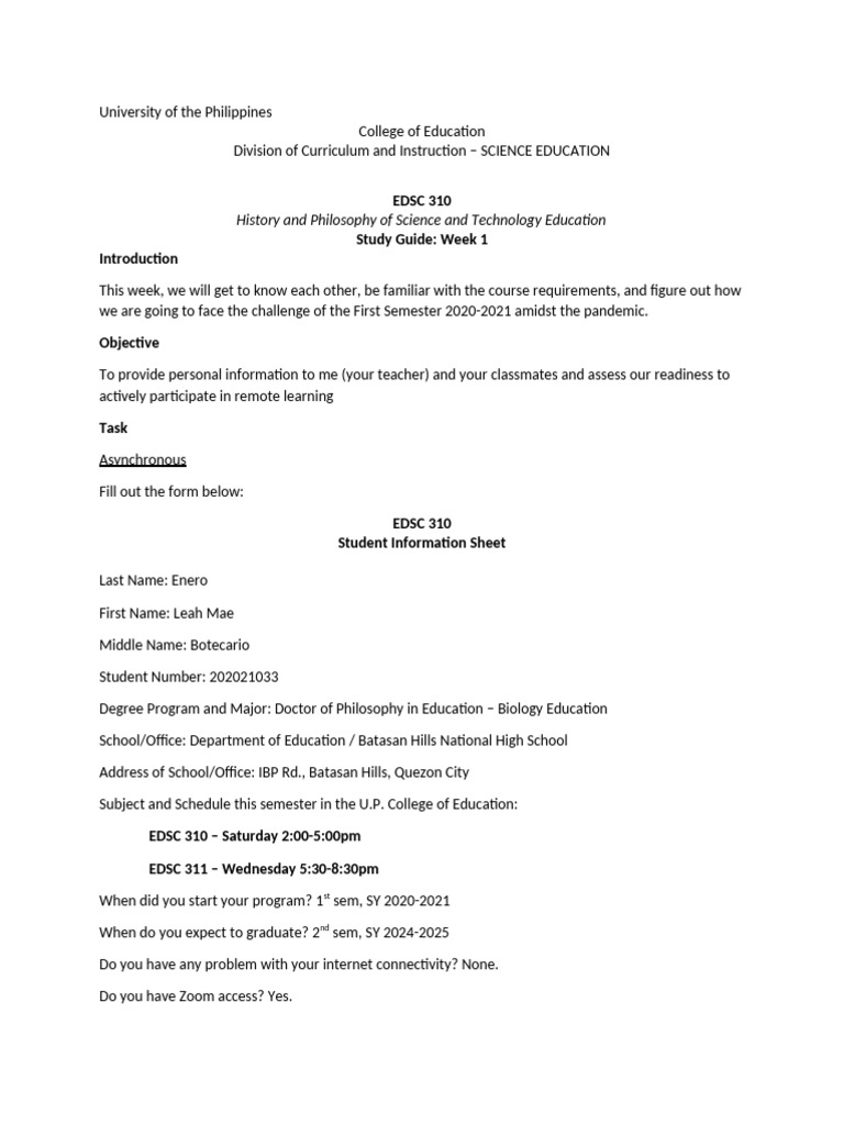 Study Guide For Week 1 - EDSC 310 | PDF | Distance Education | Learning