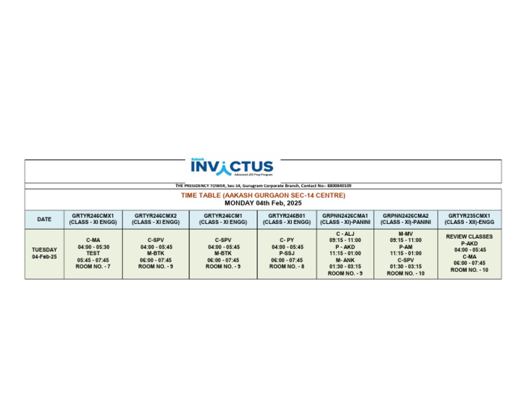 Aakash Gurgaon Sec-14 Timetable 2025 | PDF