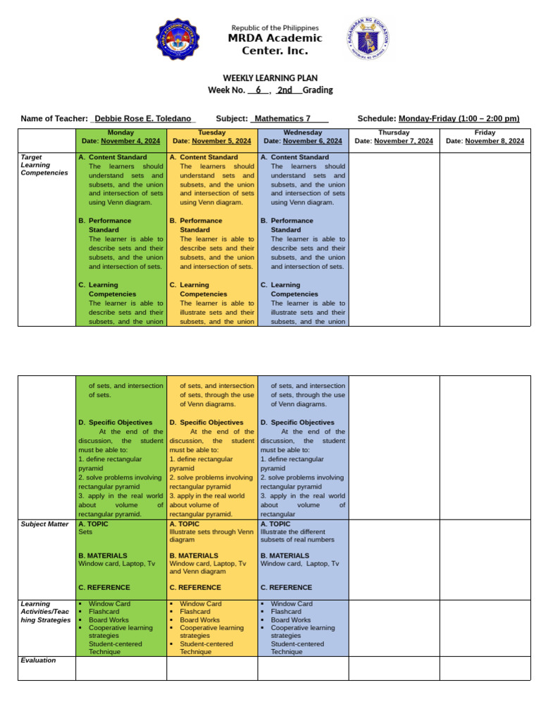 Weekly-Learning-Plan-2nd Quarter-Week 6-Math 7 | PDF | Learning