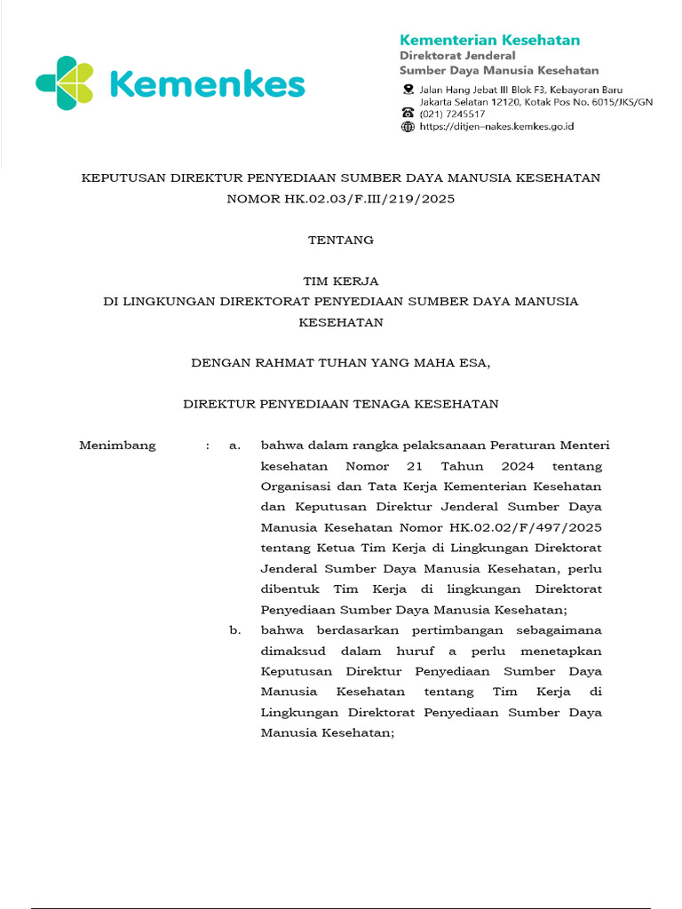 SK Tim Kerja Dit Pernyediaan SDMK Tahun 2025 | PDF