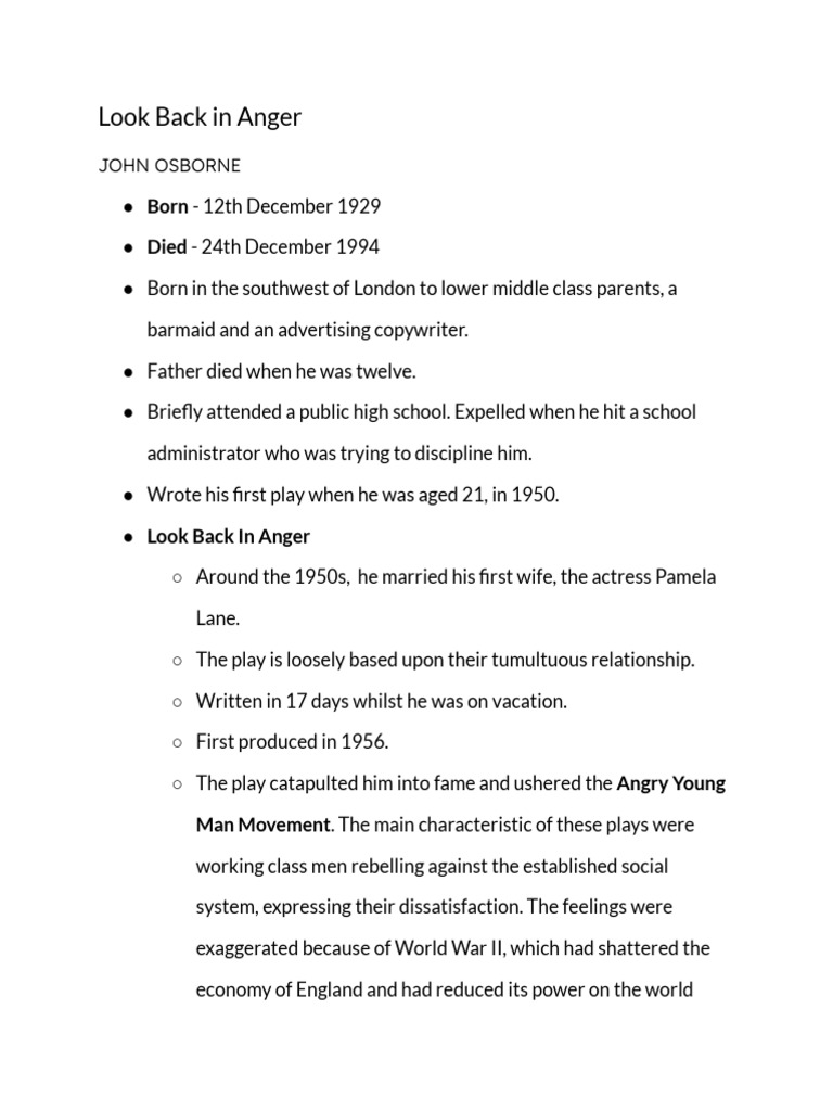 Look Back in Anger: Plot Summary | PDF
