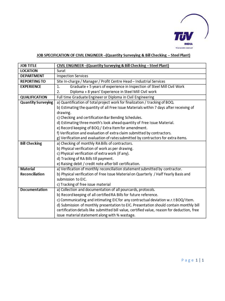 JD - Civil - Inspection Engineer - Surveyor (Quantity Survey) | PDF