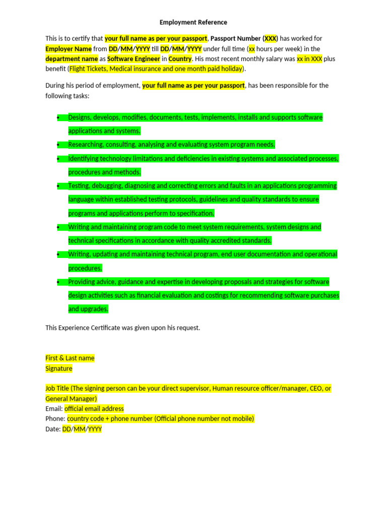 Employment Reference for Software Engineer | PDF
