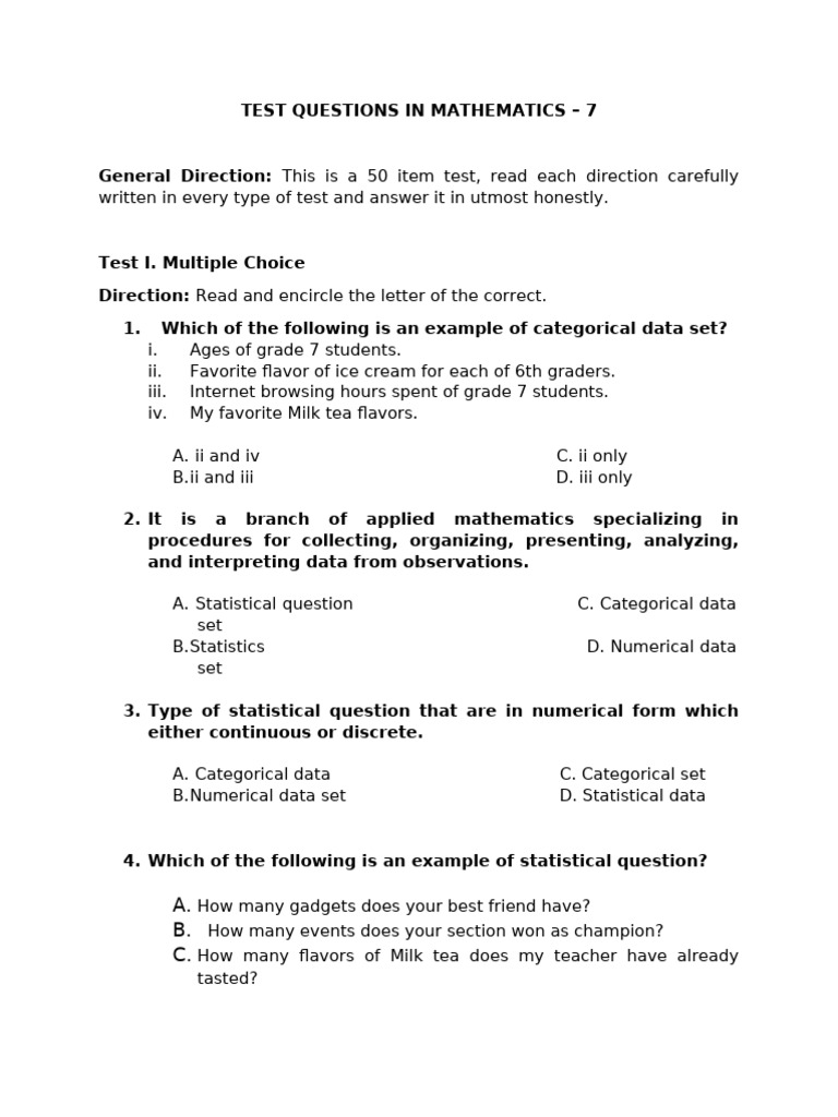 Test Questions in Mathematics | PDF | Questionnaire | Statistics