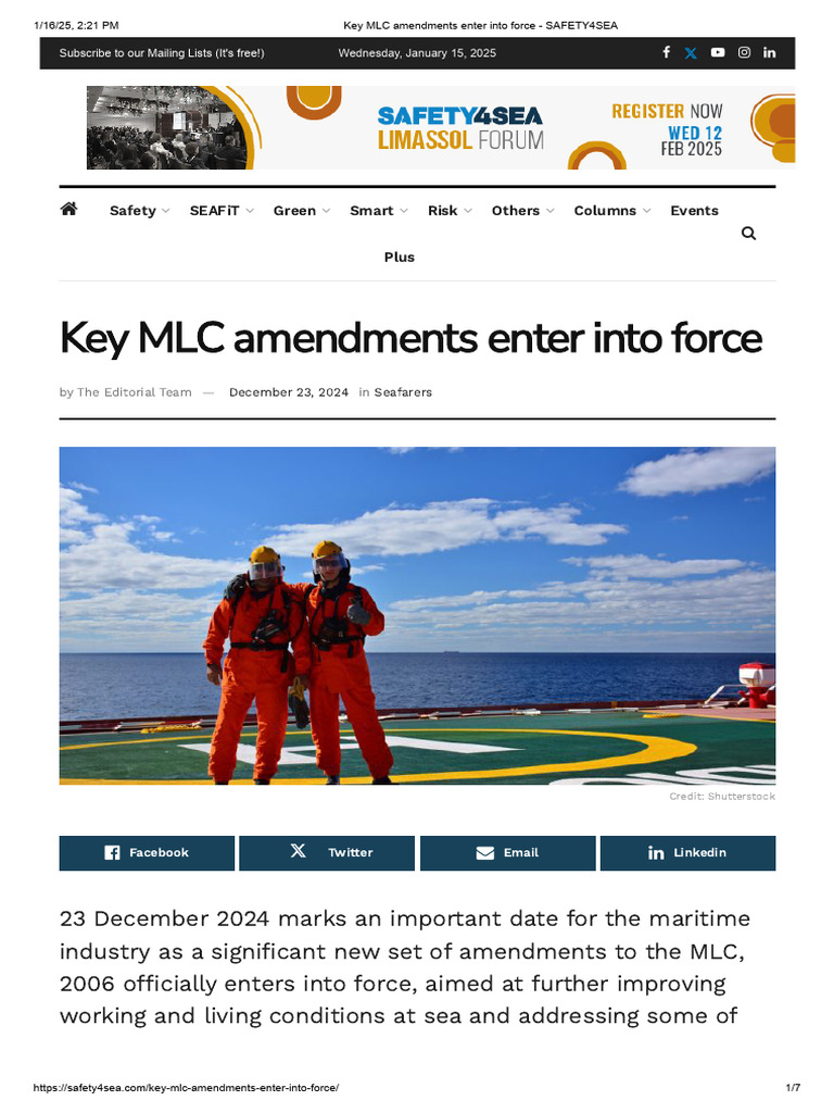 Key MLC Amendments Enter Into Force - SAFETY4SEA | PDF | Sailor
