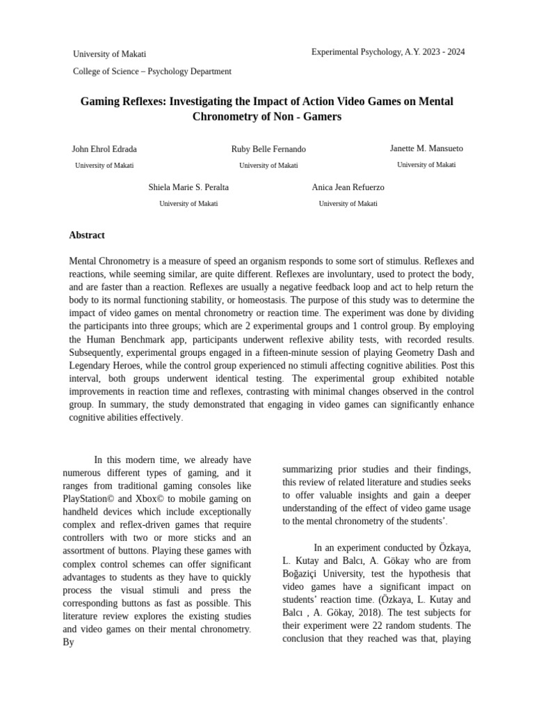 Gaming Reflexes: Investigating The Impact of Action Video Games On Mental Chronometry of Non ...