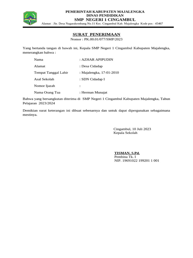 Surat Penerimaan PPDB 2023-2024 | PDF