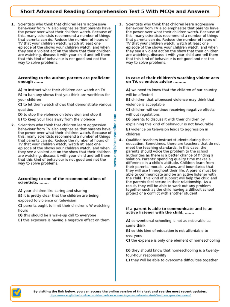 5 Short Advanced Reading Comprehension Test 5 With Mcqs and Answers ...