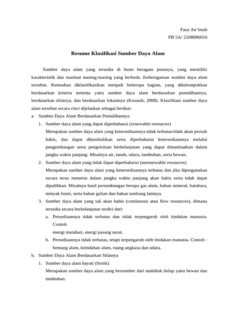 Resume Klasifikasi Sumber Daya Alam | PDF