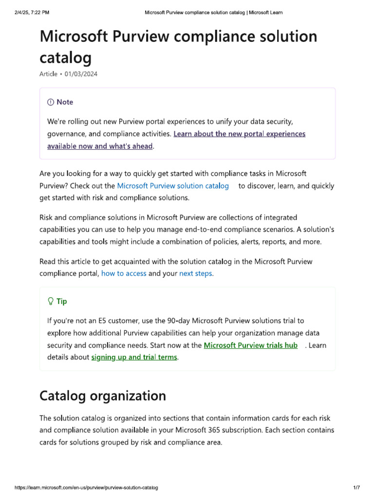 Microsoft Purview Compliance Solution Catalog | PDF