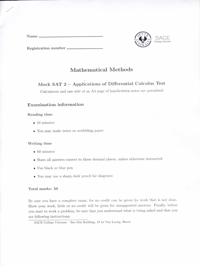 Differential Calculus Mock Exam Guide | PDF | Tests | Mathematics