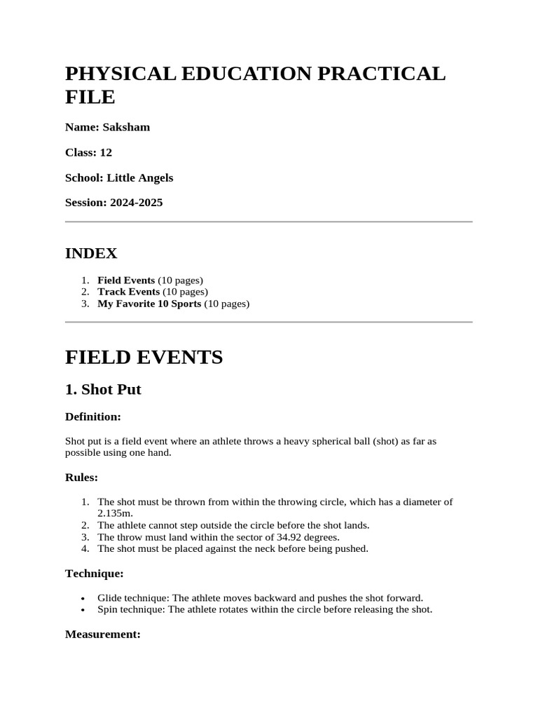 Physical Education Practical File | PDF | Track And Field | Athletics