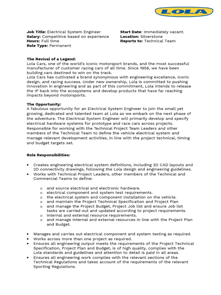 Electrical Systems Engineer Job Advert September 23 | PDF | Engineering