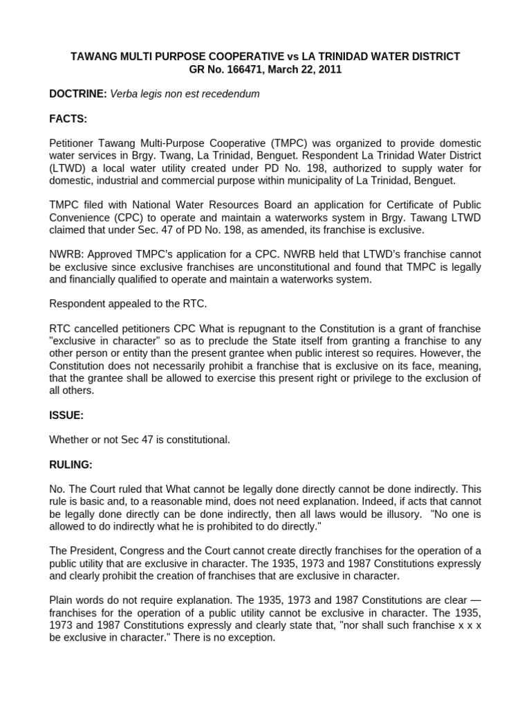 TAWANG MULTI PURPOSE COOPERATIVE vs LA TRINIDAD WATER DISTRICT | PDF ...