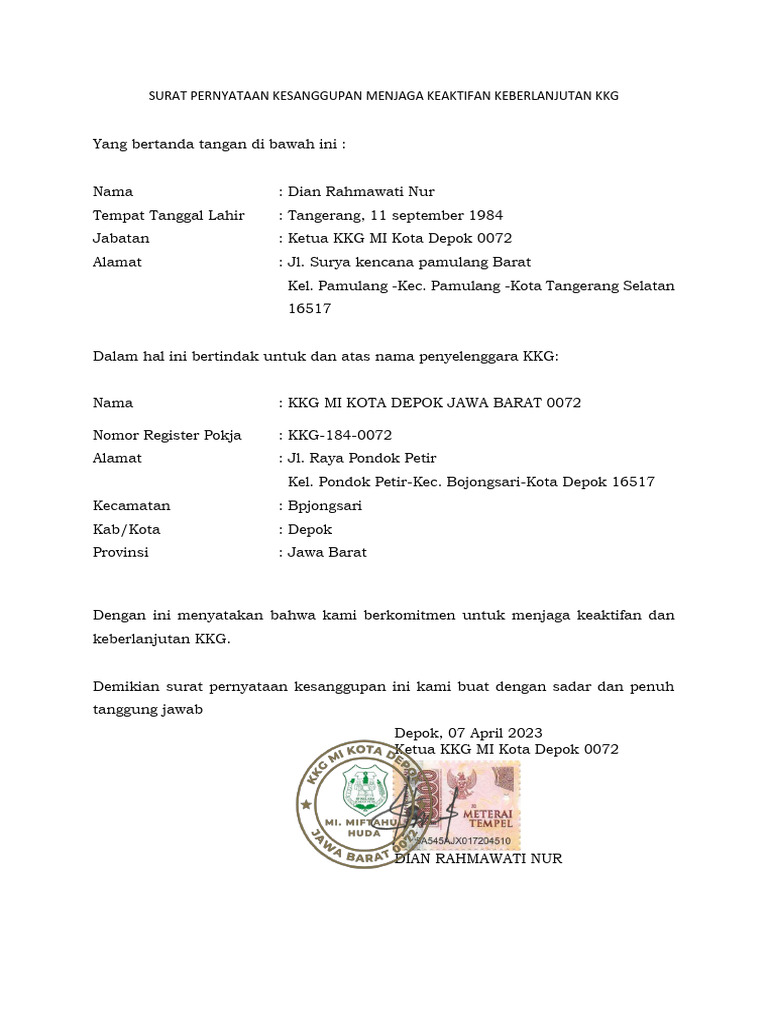 Surat Pernyataan Kesanggupan Menjaga Keaktifan Kkg Mi 0072 | PDF