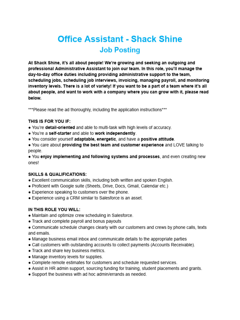 Office Admin (Operations Coordinator) Job Posting - Shack Shine | PDF ...