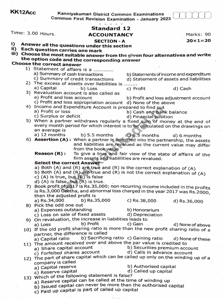 12th Accountancy First Revision QP EM | PDF | Expense | Equity (Finance)