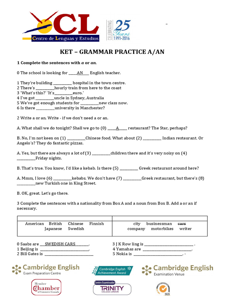 Ket Grammar Practice A An | PDF | Linguistic Typology | Languages