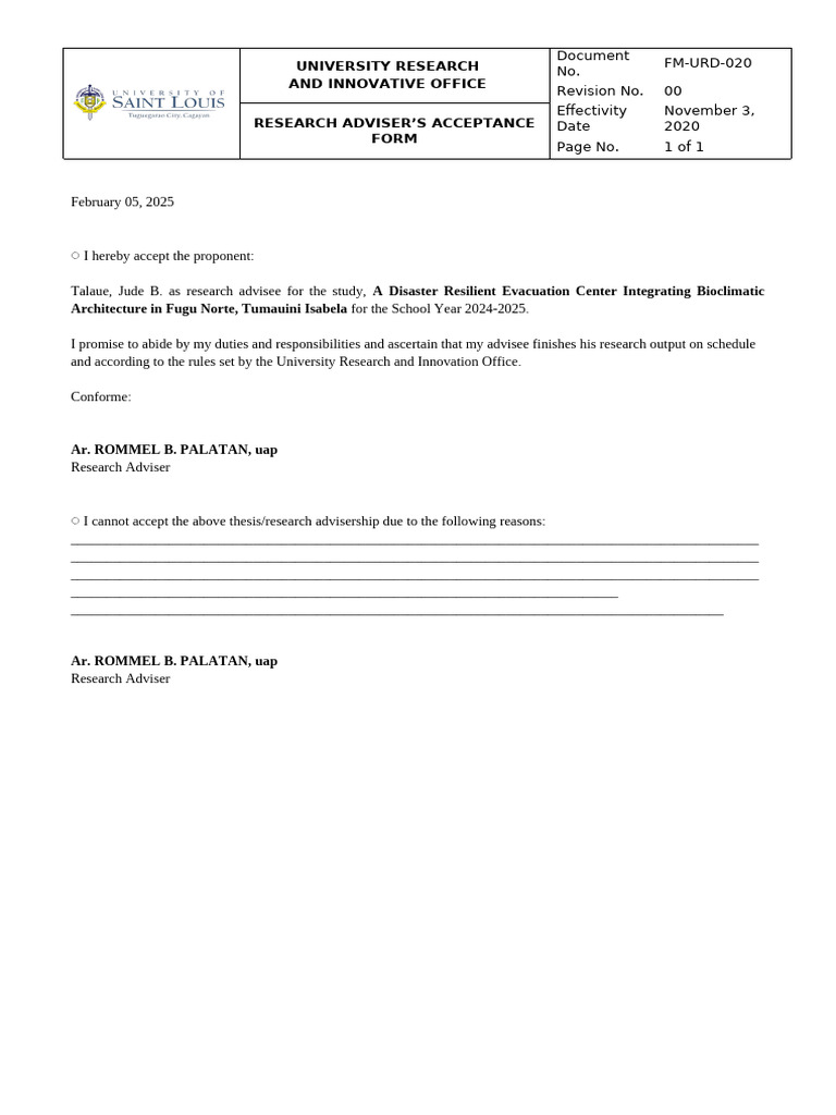 FM URD 020 Advisers Acceptance Form | PDF