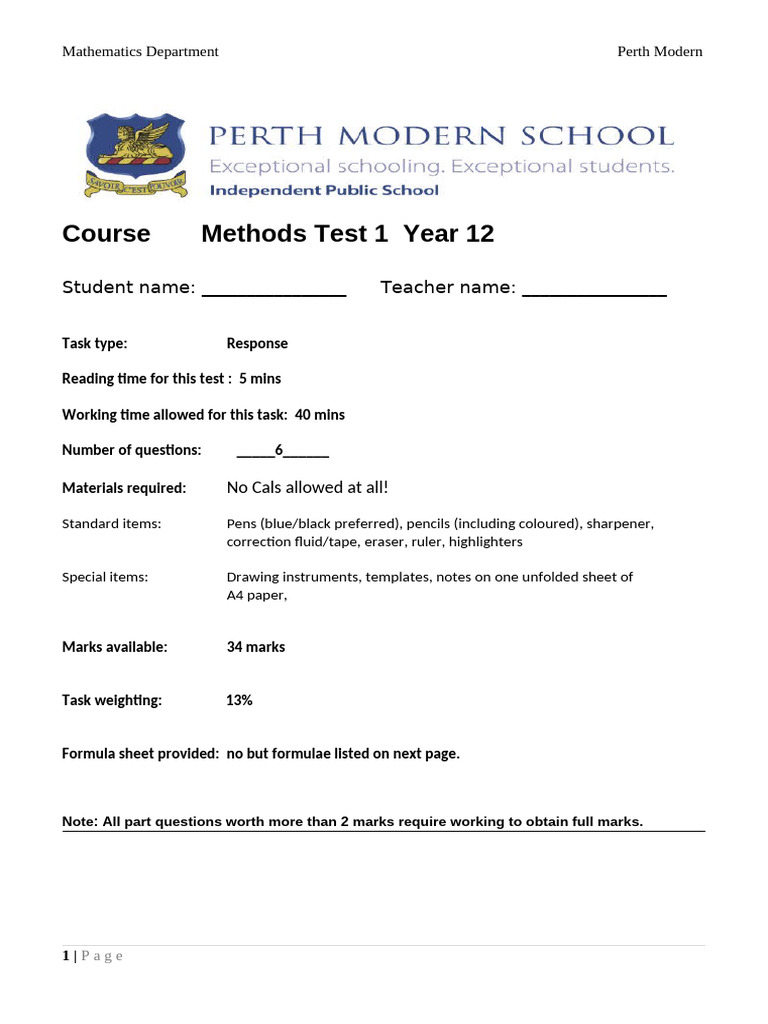 12 Methods Test One 2024 MARKING KEY | PDF | Tangent | Equations
