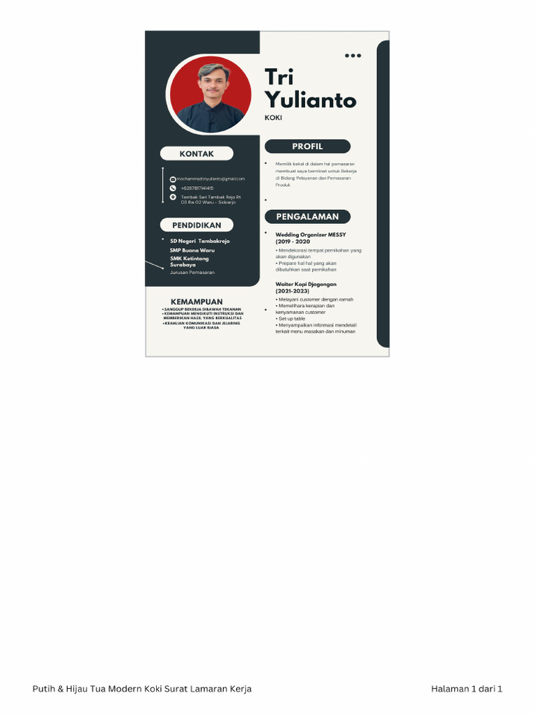 Putih & Hijau Tua Modern Koki Surat Lamaran Kerja | PDF