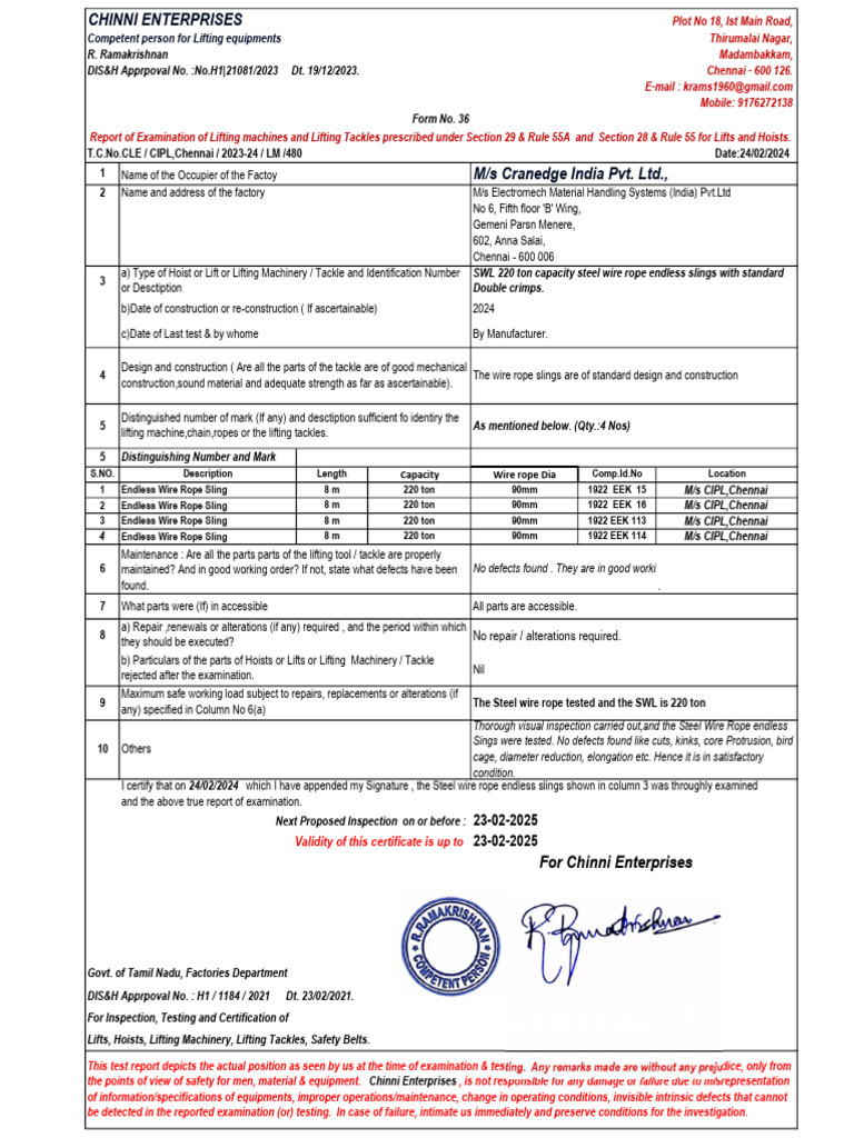 LM 480 23-24 - Wire Rope Slings WLL 220 Ton - 24 - 02 - 24. | PDF ...