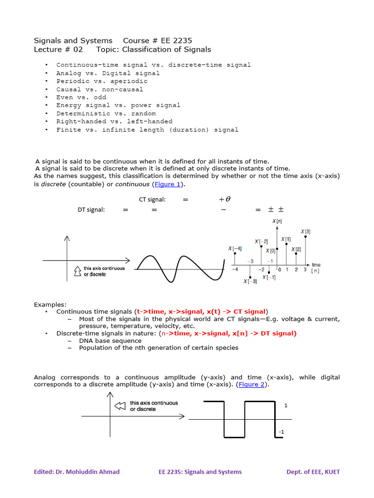 Lecture02 - Classification of Signals | PDF | Discrete Time And Continuous Time | Electronics