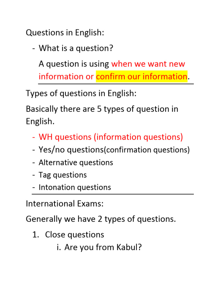 Types of Questions in English Explained | PDF