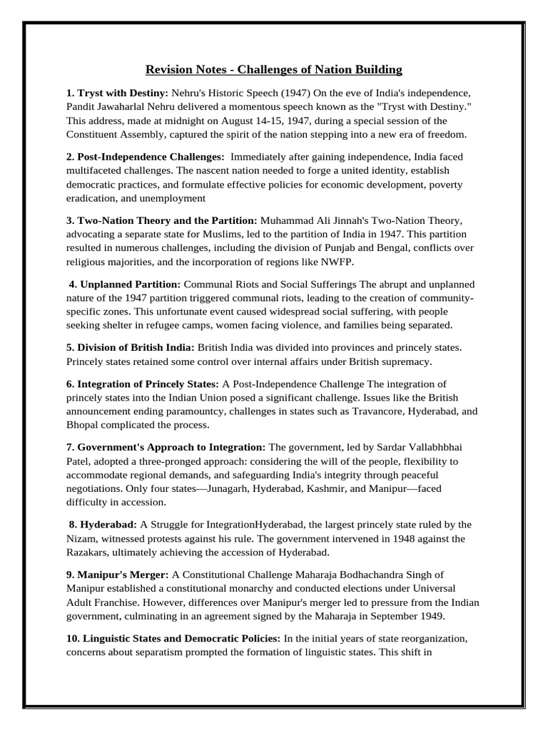 Challenges of Nation Building - Notes | PDF | Partition Of India ...