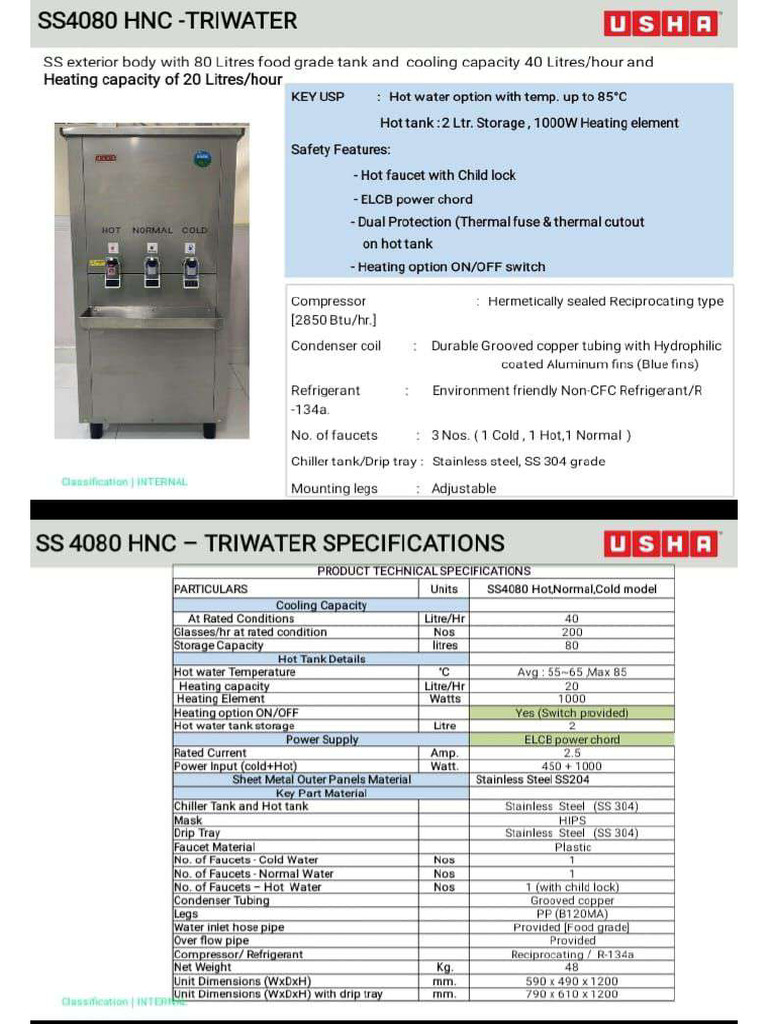 Catalogue of Usha Water Cooler HNC SS 4080 (Triwater) | PDF