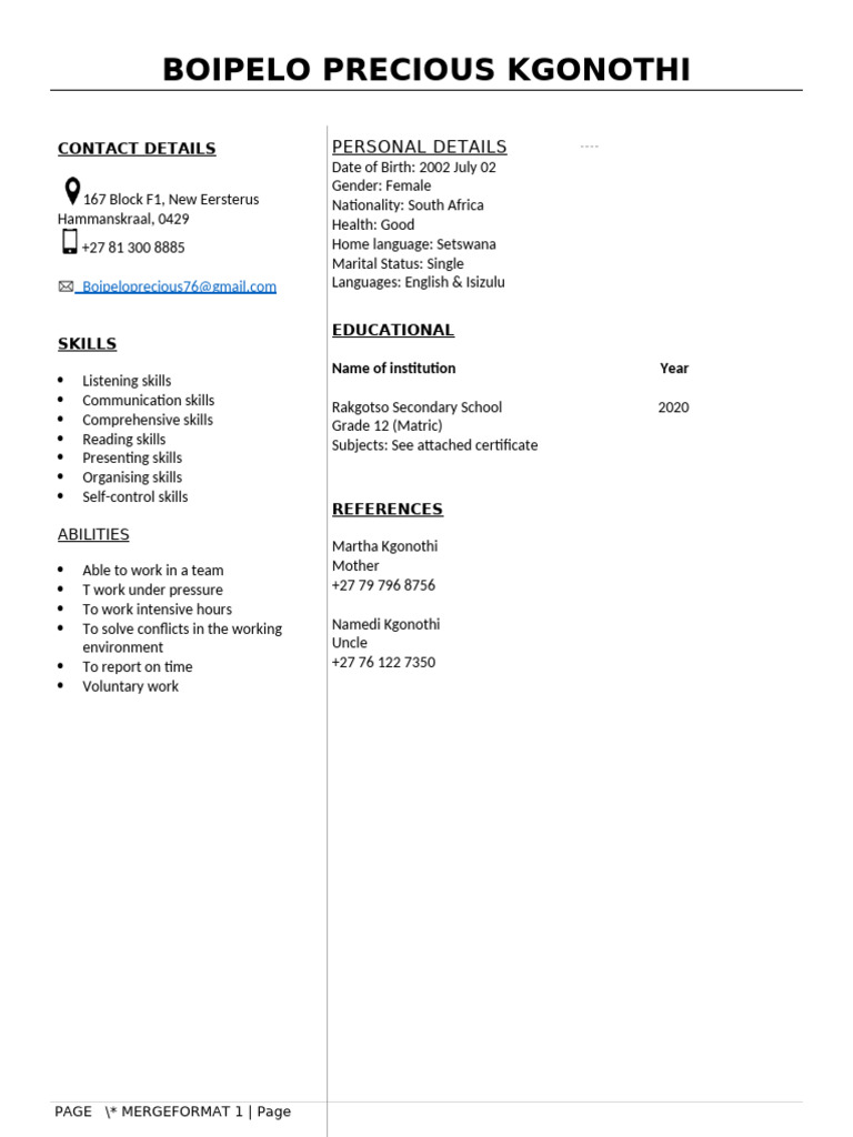 Boipelo Kgonothi's CV and Contact Info | PDF