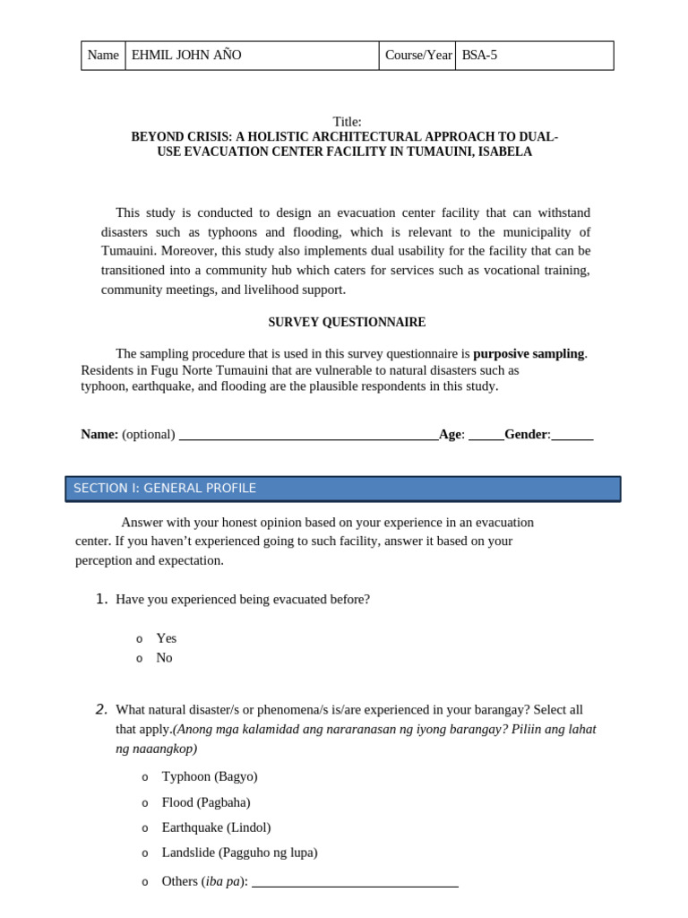 Evacuation Center Design Questionnaire | PDF | Emergency Evacuation