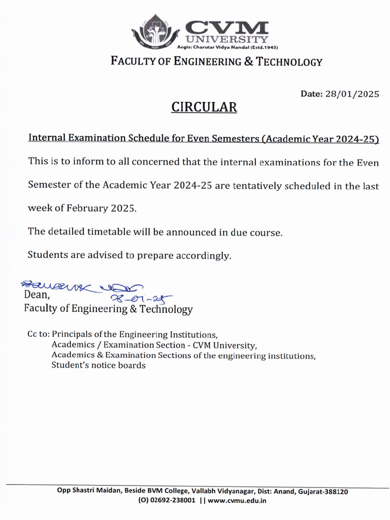 CVMU EVEN SEM Circular For Internal Exams | PDF