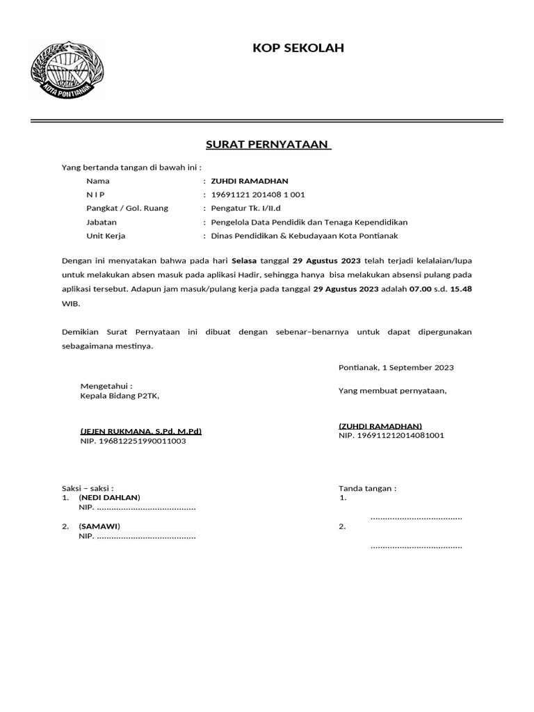 Surat Pernyataan Absen Contoh | PDF